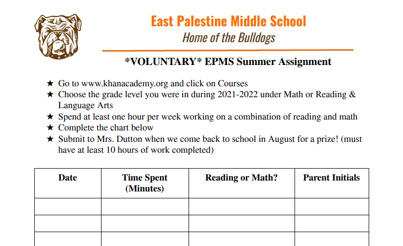 Voluntary EPMS Summer Assignment | East Palestine City School District